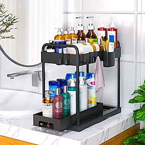 Under Sink Organizers and Storage, 2 Pack 2 Tier Kitchen Organization with Pull out Sliding Drawer, Storage Cabinet Basket Shelves Organizer Home Essential for Bathroom, Laundry, Makeup Vanity, Office