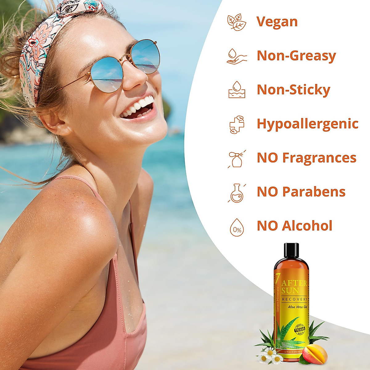 Seven Minerals NEW Recovery After Sun Gel with Aloe Vera - For Skin with Instant Sunburn Relief. Unlike Regular Aftersun Lotion, Ours Is Made From Texas Aloe. With Mango & Chamomile (12 Fl Oz)