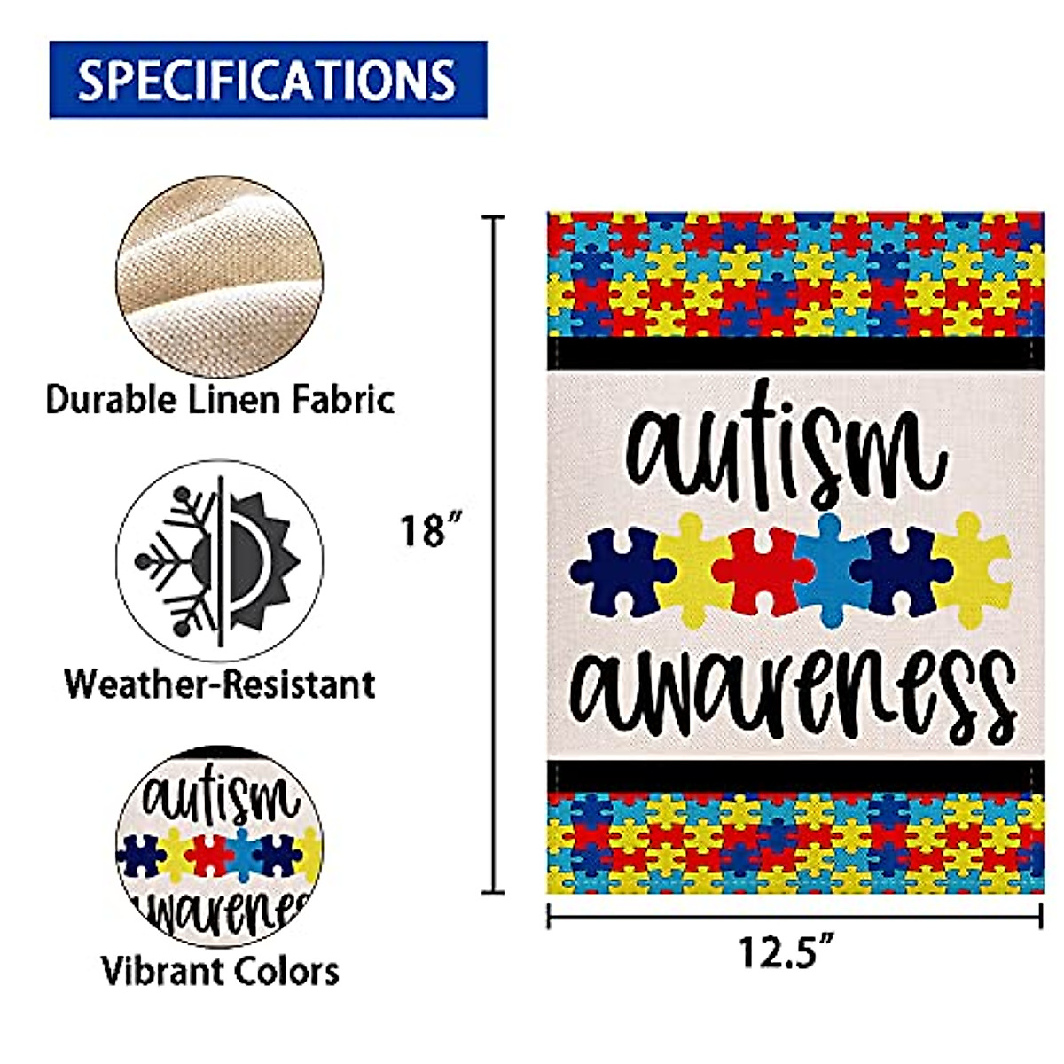 Autism Awareness Garden Flag 12.5 x 18 Inch Vertical Double Sized Puzzle Piece Inspirational Support Yard Outdoor Decoration Flag