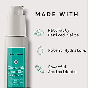 Naturium Niacinamide Face Serum 12% Plus Zinc 2%, Hyaluronic Acid & Vitamin E, Pore Minimizer, Discoloration & Aging Skin Treatment, 1 oz