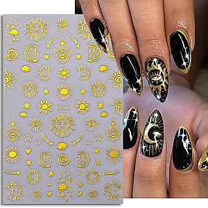 8 Sheets Metallic Sun Star Moon Nail Art Stickers 3D Self-Adhesive Gold Decals Sun God Asterisk Snake Eyes Design for Women Acrylic Nails DIY Decoration Supplies