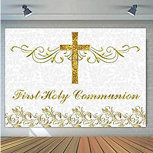 My First Communion Photography Backdrop Curtain Baby Baptism Background Gold Cross Photo Background White Texture Photo Graphic Decoration Set Props 5x3 feet Vinyl Banner