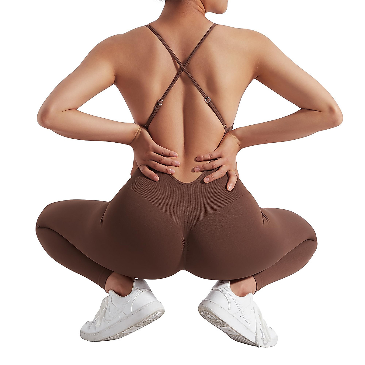 MOOSLOVER Women Strappy Backless One Piece Jumpsuits Tummy Control Padded Workout Rompers(XL,#1 Brown)