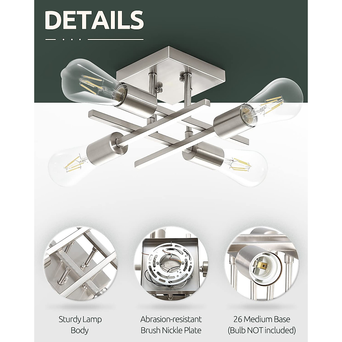 Eietonte Industrial 4-Light Semi Flush Mount Ceiling Light Fixture, Modern Brushed Nickel Chandelier Lighting, Farmhouse E26 Base Sputnik Ceiling Lamp for Kitchen Bedroom Living Room Hallway