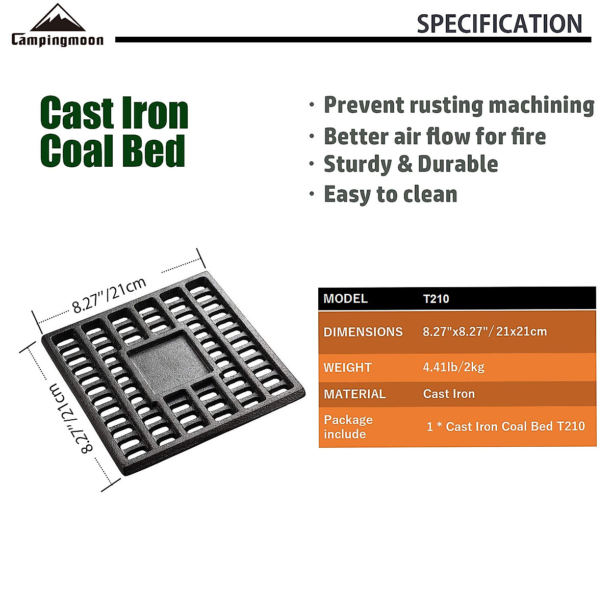 CAMPINGMOON Cast Iron Coal Bed Charcoal Fire Grate 8.27x8.27-inch T-210