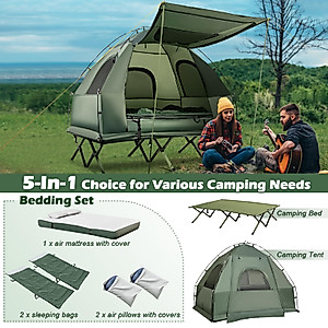 Tangkula 5-in-1 Tent Cot, 2 Person Camping Tent Combo with Awning, Air Mattress, Sleeping Bag, Air Pillow, Camping Cot, Elevated Single Cot Tent with Carrying Bag for Outdoor Hiking, Picnic, Travel