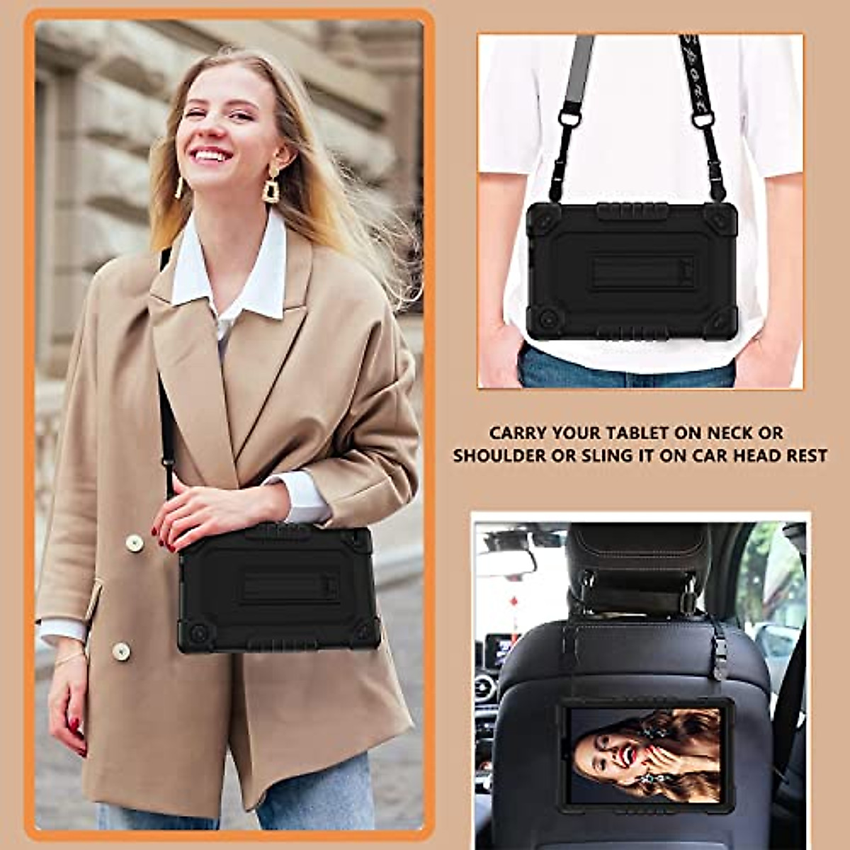 SOATUTO for TCL TAB 8 LE Tablet Case Model 9137W / for TCL TAB 8 WiFi Model 9132X Tablet Case with Shoulder Strap Soft Silicone Hard Back Rugged Full-Body Cover Case (Black+Black)