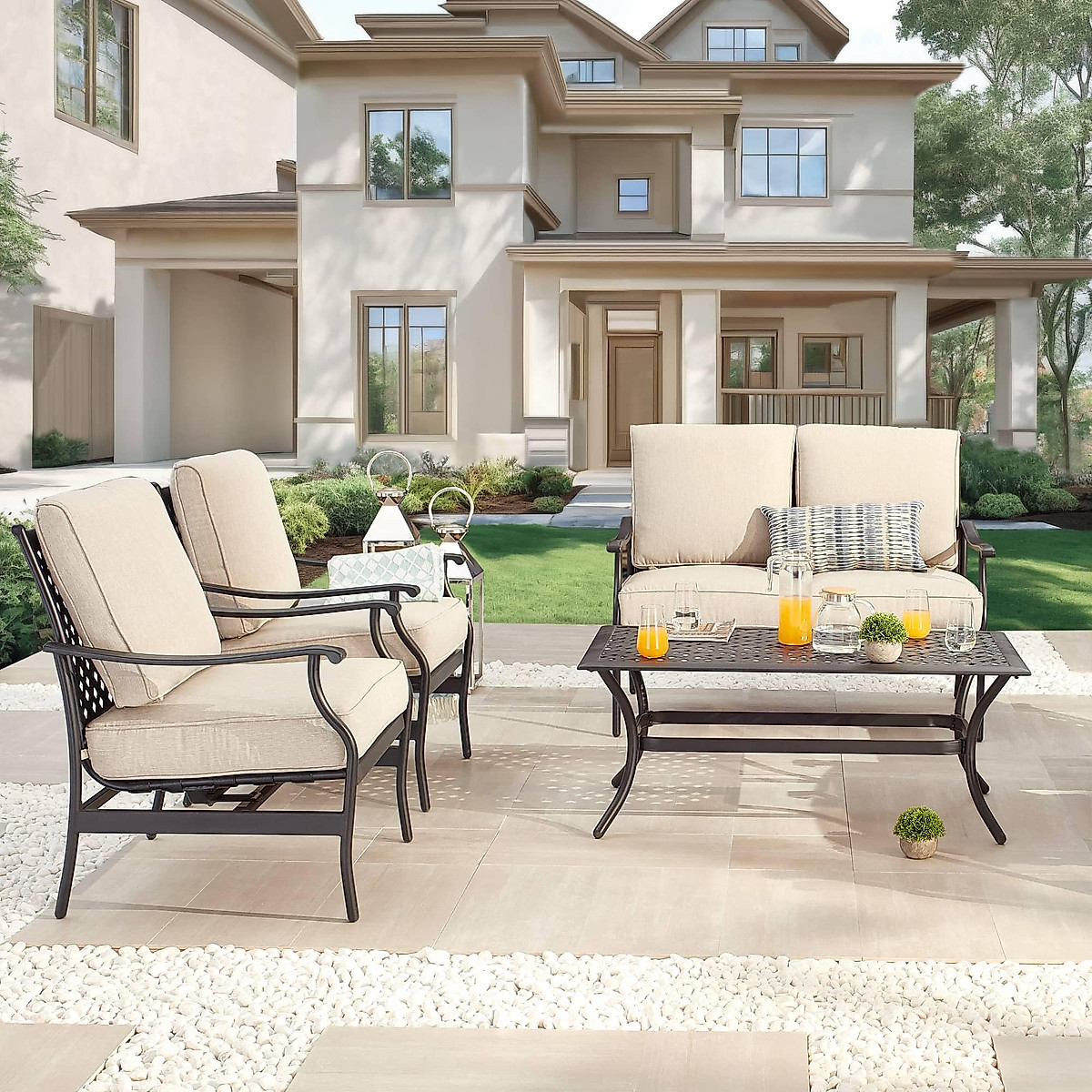 PatioFestival Patio Conversation Set 4-Piece Cushioned Outdoor Furniture Sets with All Weather Frame for Porch Backyard Lawn(Beige)