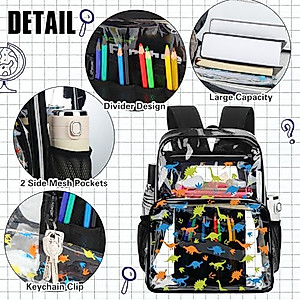 Kacctyen 3 Pcs Pink Clear Backpack for Girl Boy Kid Heavy Duty School Clear Bookbag Transparent Backpack with Lunch Bag(Black,Dinosaur)