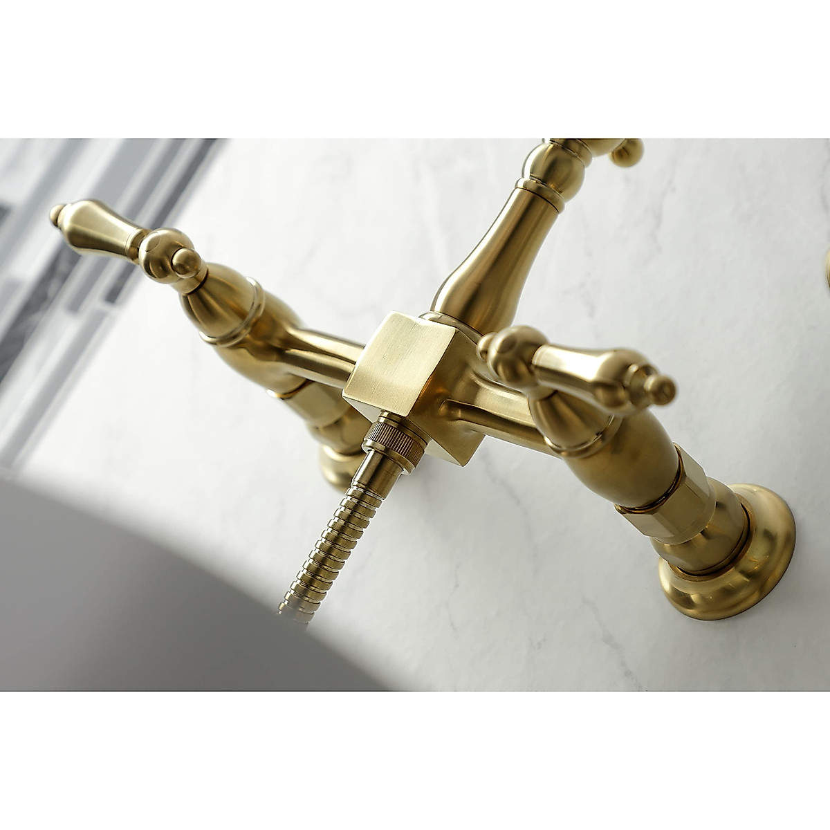 Kingston Brass KS1267ALBS Heritage 8-Inch Centerset Wall Mount Kitchen Faucet with Brass Sprayer, Brushed Brass