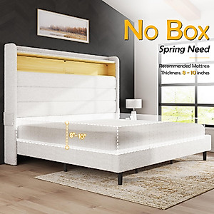 Jocisland Queen Bed Frame with Tall Headboard and LED Lights Charging Station Upholstered Platform Bed Wingback, No Box Spring, Boucle White