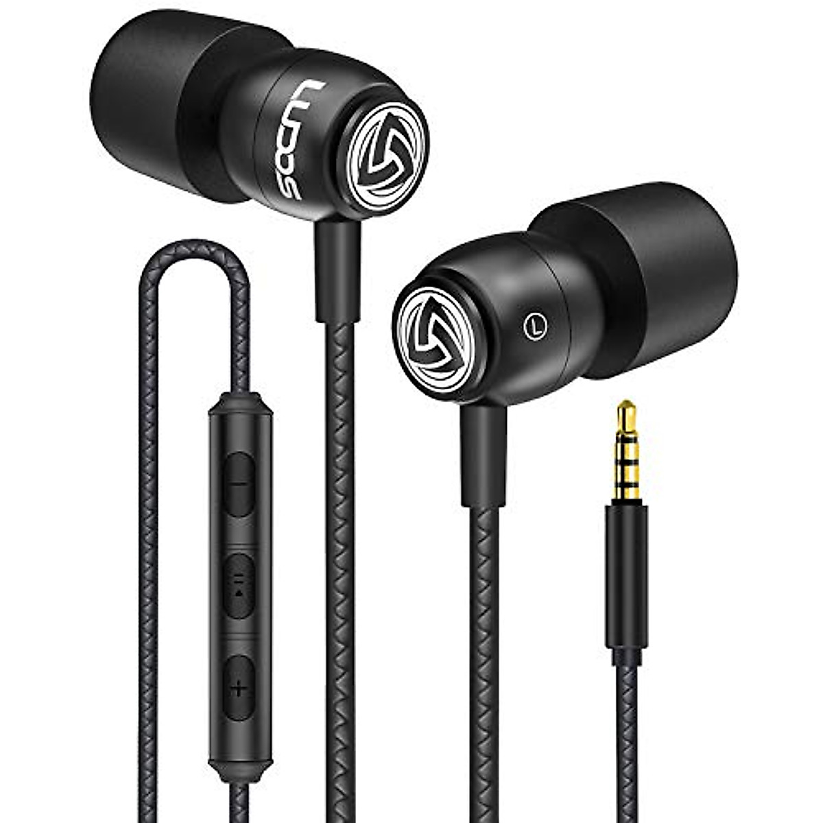 LUDOS Clamor Wired Earbuds in Ear, Noise Isolating Headphones with Microphone, 3.5mm Jack Plug, Mic and Volume Control, Memory Foam, Deep Bass, Tangle-Free Cord - Black