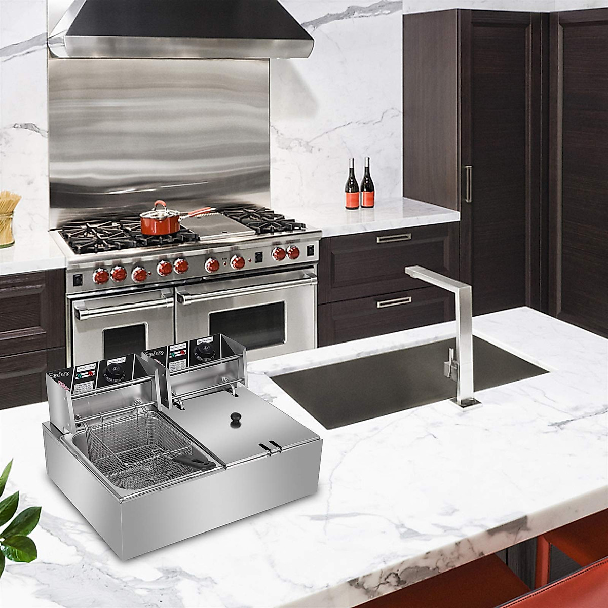 Commercial Electric Deep Fryer, Countertop Stainless Steel Deep Fryer French Fries for Restaurant Home Kitchen (Double Tank, 12.7QT/12L)