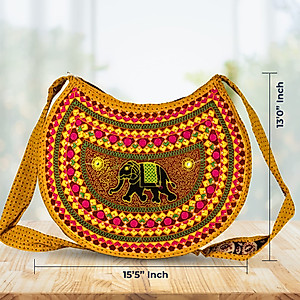North Creed Crossbody Elephant Flora Embroidery Shoulder Bag, Indian Ethnic Travel Handbag with Zipper Pocket- Yellow