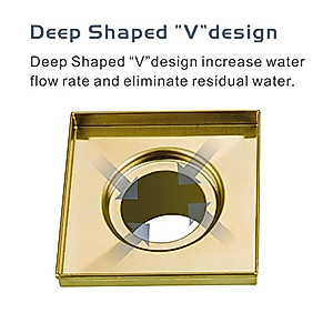 Brushed Gold Square Shower Drain with Flange 4x4, HIDROP 4 inch SUS 304 Stainless Steel Brass Gold Shower Floor Drain with Removable Hair Strainer