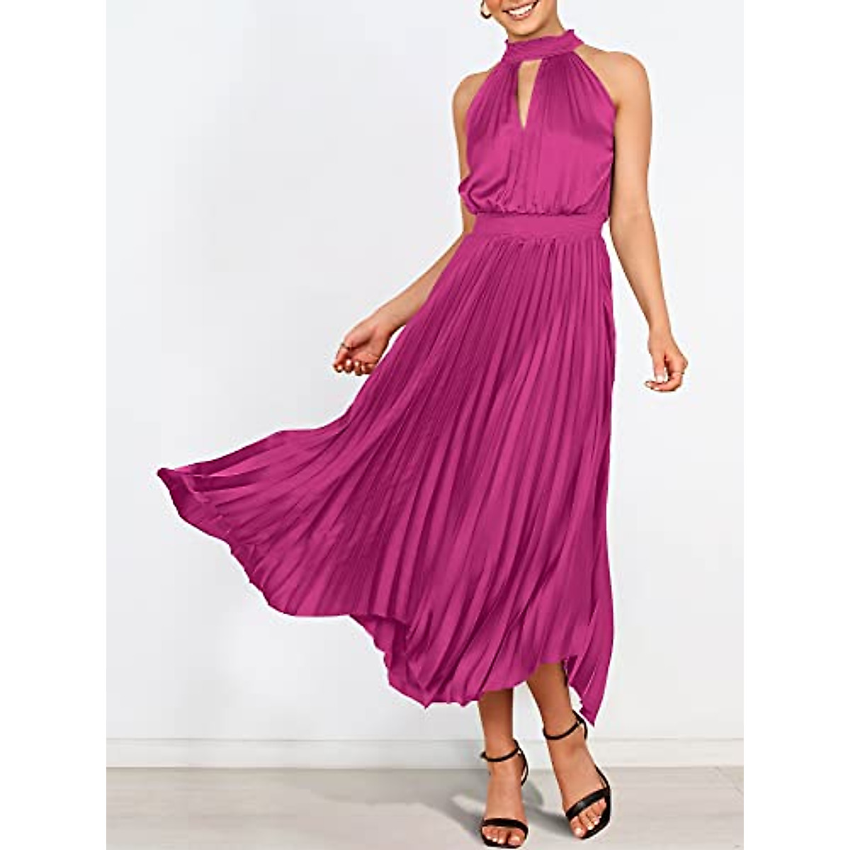 ANRABESS Women's Sleeveless Cutout Halter Neck Satin Formal Dress Smocked Pleated Asymmetric Party Cocktail Maxi Dress Elagant Wedding Guest Evening Graduation Prom Dress 752meihong-M Rose