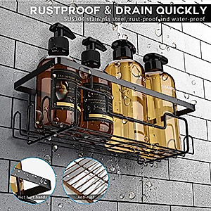 Shower Caddy 2 Pack with Soap Holder, Adhesive Shower Caddy Shelf with 11 Hooks, Wall Mounted Bathroom Shower 0rganizer Stainless Steel No Drilling Black Shower Rack Basket for Inside Shower, Kitchen
