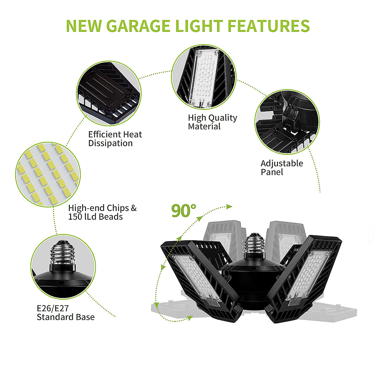 Pinegreen Lighting Led Garage Light, 100w 12000lm Garage Ceiling Lights, 6500k E26/E27 Led Shop Light with 4 Adjustable Panels for Garage Workshop Warehouse Basement High Bay Light