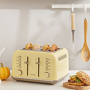 BUYDEEM DT640 4-Slice Toaster, Extra Wide Slots, Retro Stainless Steel with High Lift Lever, Bagel and Muffin Function, Removal Crumb Tray, 7-Shade Settings,Mellow Yellow