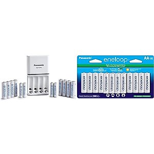 Eneloop Panasonic K-KJ55MC84CZ Power Pack; 8AA, 4AAA, and Advanced Battery 3 Hour Quick Charger & Panasonic BK-3MCCA16FA AA 2100 Cycle Ni-MH Pre-Charged Rechargeable Batteries, 16-Battery Pack