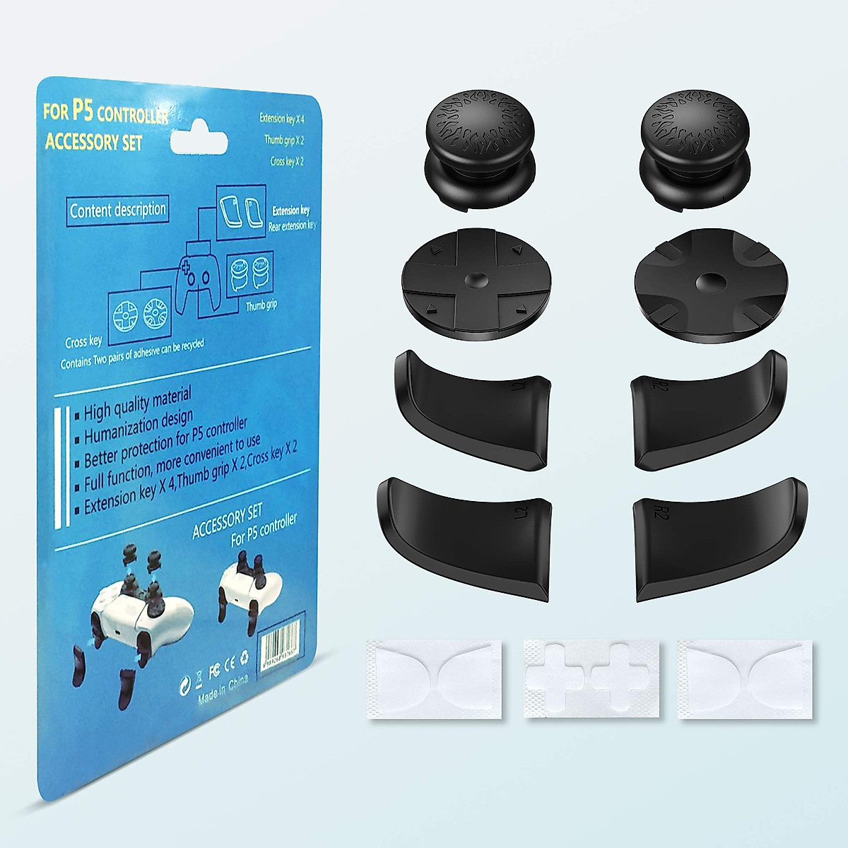 PS5 Controller Accessories Kit, Daugee L2 R2 Trigger Extender+Silicon Analog Stick Thumb Grips+D-pad for Playstation 5 Controller,Anti-Slip Replacement Parts（Black）