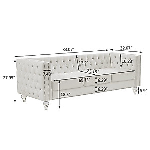 mikibama Velvet Sofa Couch 83 Inch Long Modern Sofa with Acrylic Legs and 2 Pillows, Jeweled Buttons Tufted Couch Modern Decor Furniture for Living Room, Bedroom (Beige)