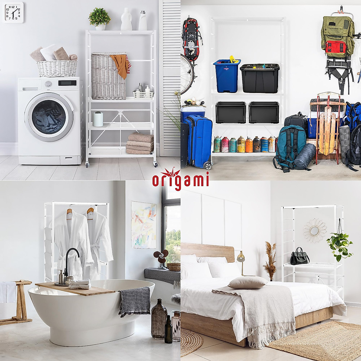 Origami R2 Series Folding Heavy Duty Steel Storage Rack Adjustable Shelving Portable Home Organization Unit with Wheels, Set of 2, White