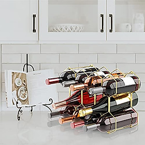 Buruis Countertop Wine Rack - 14 Bottle Wine Holder for Red White Wine Storage - Freestanding Metal Wine Rack - Small Tabletop Wine Rack - 3 Tier Modern Wine Bottle Holder (Gold)