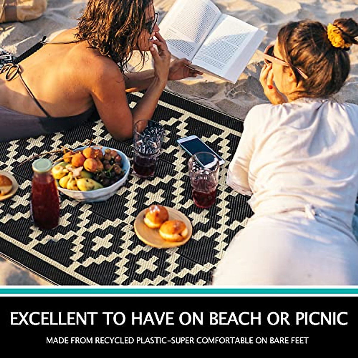 Capslpad Outdoor Rug 4'x6' Waterproof Plastic Straw Patio Rug Reversible Mat UV Resistant Outdoor Area Rug for Patio Backyard Terrace Deck Beach Picnic Balcony BBQ,Black and Beige