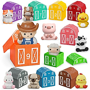 Learning Toy for Toddlers 1 2 3+ Years Old, 20 PCS Farm Animal Barn Toy & Finger Puppets, Montessori Educational Toy for Kids,Easter Gift Toy with 10 Animals & 10 Barns for Babies Boys Girls