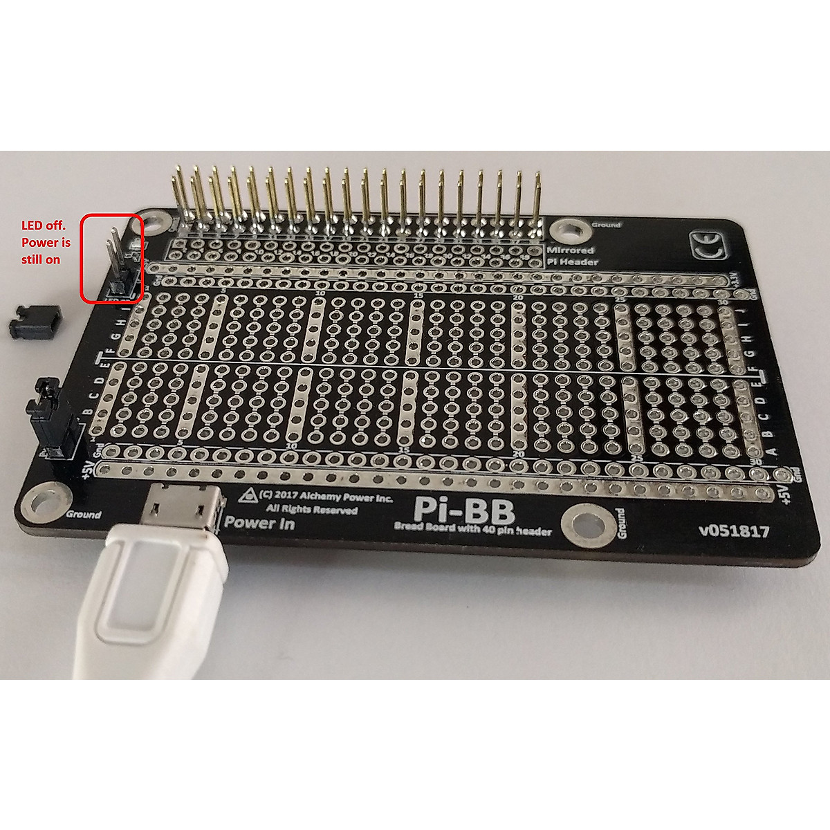 Alchemy Power Inc. Pi-BB - Half-Size Double Sided Powered breadboard, USB Powered with a 40 pin Header soldered. Powers a Raspberry Pi or just The Bread Board.