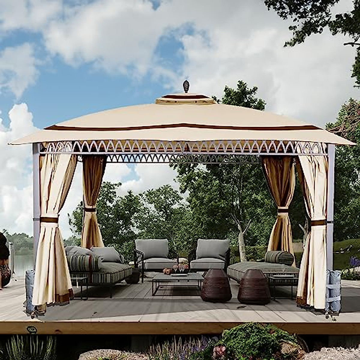 CHARMELEON 11x13 Gazebo for Patio, Gazebo with Curtains & Netting & Sandbags, Double Tier Roof with Herringbone Beam Marquee Canopy for Garden, Deck, Backyard, Lawn (Khaki)