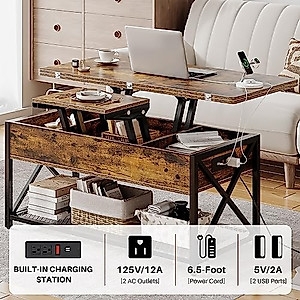 Osfvolr 43" Lift Top Coffee Table with Charging Station, 4 in 1 Coffee Tables with Storage, Farmhouse Coffee Table Converts to Dining Table for Living Room, Game Table, Home Office