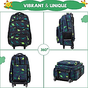 VASCHY Rolling Backpack Kids, 17in Water Resistant Large Bookbag Carry-on Travel Trip Bag with Wheels for Boys Girls Green