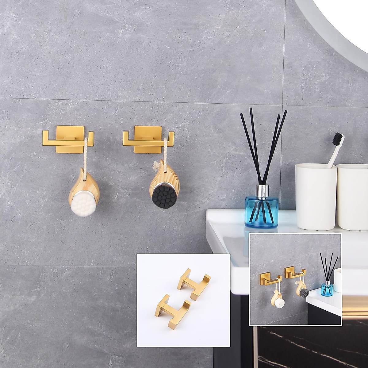 GERZWY Bathroom Double Towel Hook Gold Stainless Steel Wall Mounted Coat/Robe Clothes Hook for Bath Kitchen 2 Pack