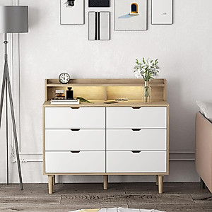 Bonzy Home 6 Drawer Dresser with Charging Station, Wooden Chest of Drawers with LED Light for Closet Hallway, Living Room, Entryway, White