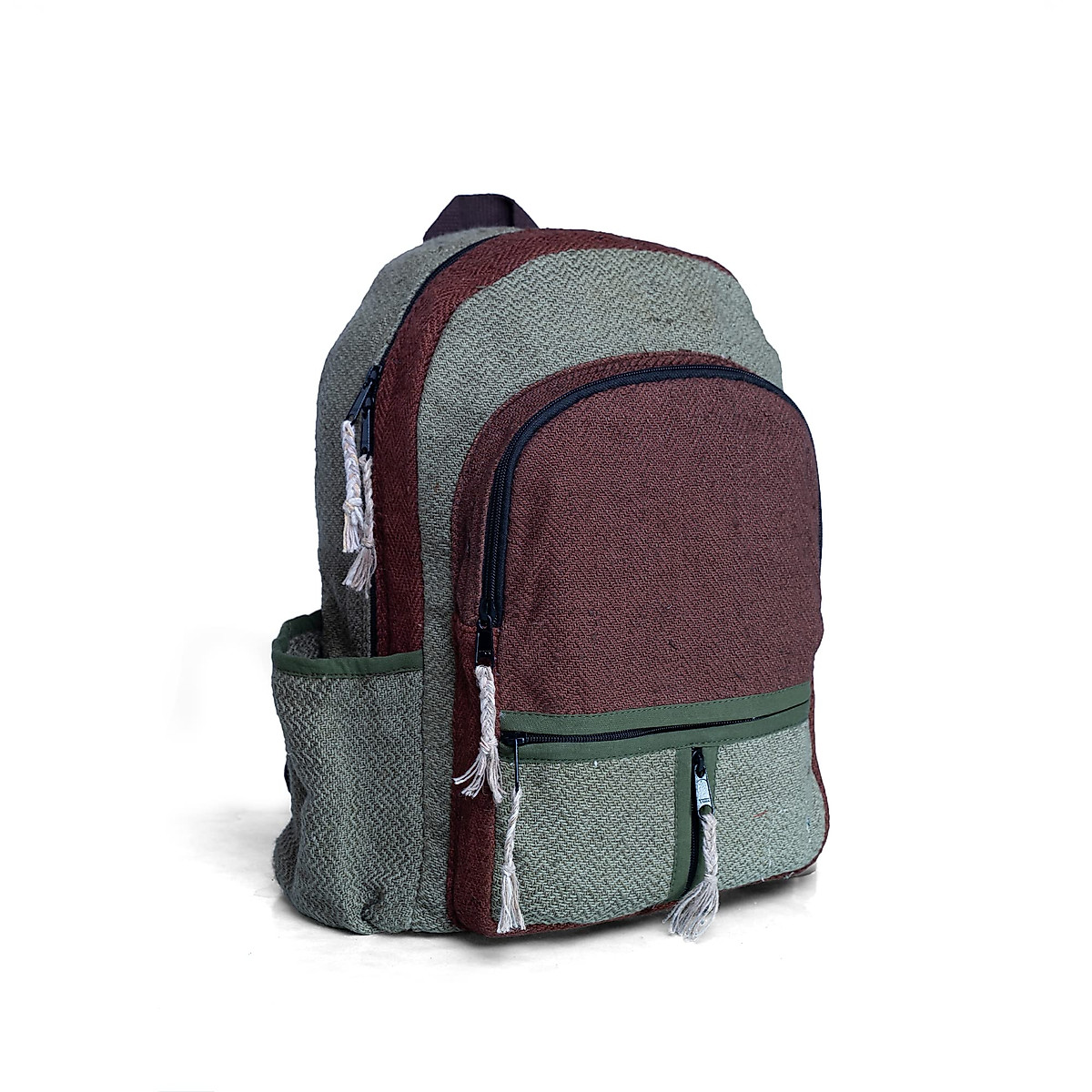 Ruana Lightweight Hemp Backpack 100% Natural Hemp cotton Fabric Casual Daypack Multipurpose Handmade Laptop Bag For Travel, Hiking, Yoga, Picnic (Brown & Green, 38 cm W x 45 cm L)