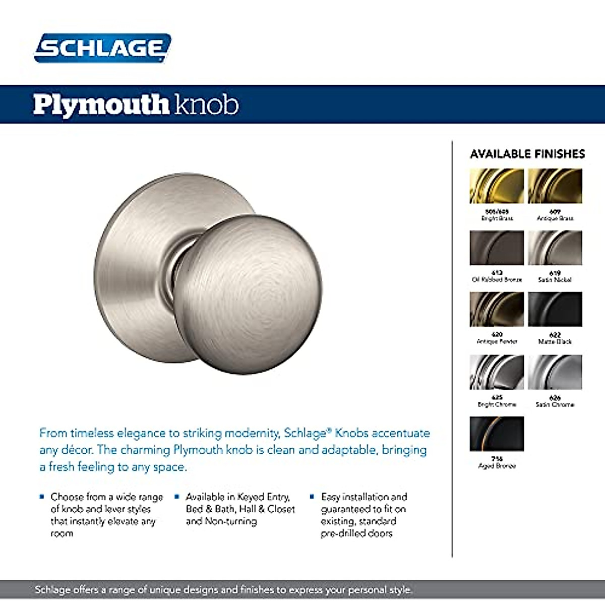 Schlage F40 PLY 622 Plymouth Door Knob, Bed & Bath Privacy Lock, Matte Black