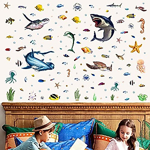 MEFOSS 142 PCS 3D Under The Sea Ocean Animals Wall Decal DIY Fish Dolphin Turtle Starfish Seaweed Shark Wall Stickers for Kids Room Playroom Nursery Classroom Bathroom Decor