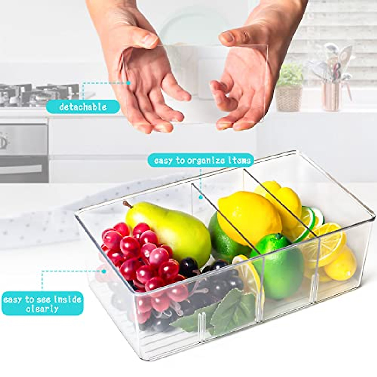 HANSGO Food Storage Organizer Bins, 2PCS Stackable Clear Plastic Organizer Bins with 6 Dividers Removable Pantry Organization and Storage Bins for Cereal Snacks Tea Seasoning