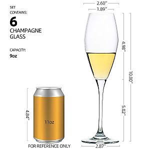 FAWLES Champagne Flutes Set of 6, Crystal Glass, 9 oz Champagne Glasses, Prosecco Sparkling Wine Glasses Set
