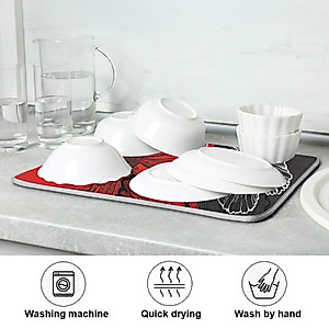 Red Black Poppy Floral 16X 18 Inch Dish Drying Mat,Absorbent,Microfiber,Machine Washable Dishes Drainer/Rack for Countertop Fast Drying, Heat-resistant and ECO Friendly,16X18 Inch