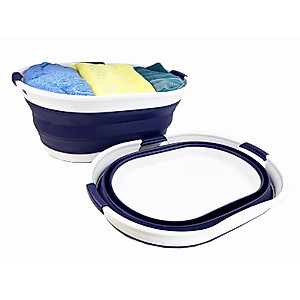 SAMMART Set of 2 Collapsible 3 Handled Plastic Laundry Basket-Oval Tub/Basket-Foldable Storage Container/Organizer-Portable Washing Tub-Space Saving Laundry Hamper (44L Oval-White/Navy Blue)