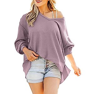 ASTANFY Womens Long Sleeve Sweatshirts Waffle Knit Shirts V Neck Solid Color Pullover Casual Loose Fit Tunic Tops Purple