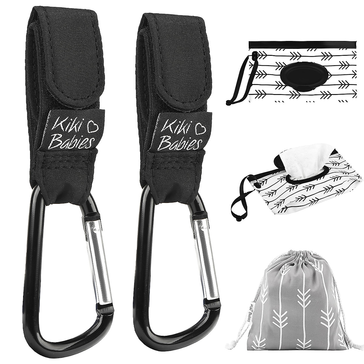 Kiki Babies 2-Pack Stroller Hooks for Bags, Multifunctional Stroller Clip, Diaper Bag Hook, Heavy Duty Carabiner Hanger, Extra Large for Baby Accessories, Bonus Wipes Case & Bag