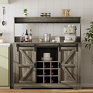 SYESWAY Coffee Bar Cabinet, 47" Farmhouse Sideboard Buffet Cabinet with Sliding Barn Door, Wine Rack & 6 Hooks, Wine Bar Cabinet for Home Dining Living Room, Grey