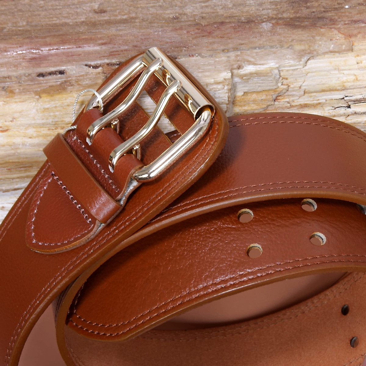 beltiscool Women's Litchi Veined Double Stitch Double Hole Tapered Leather Belt, Tan | small-30