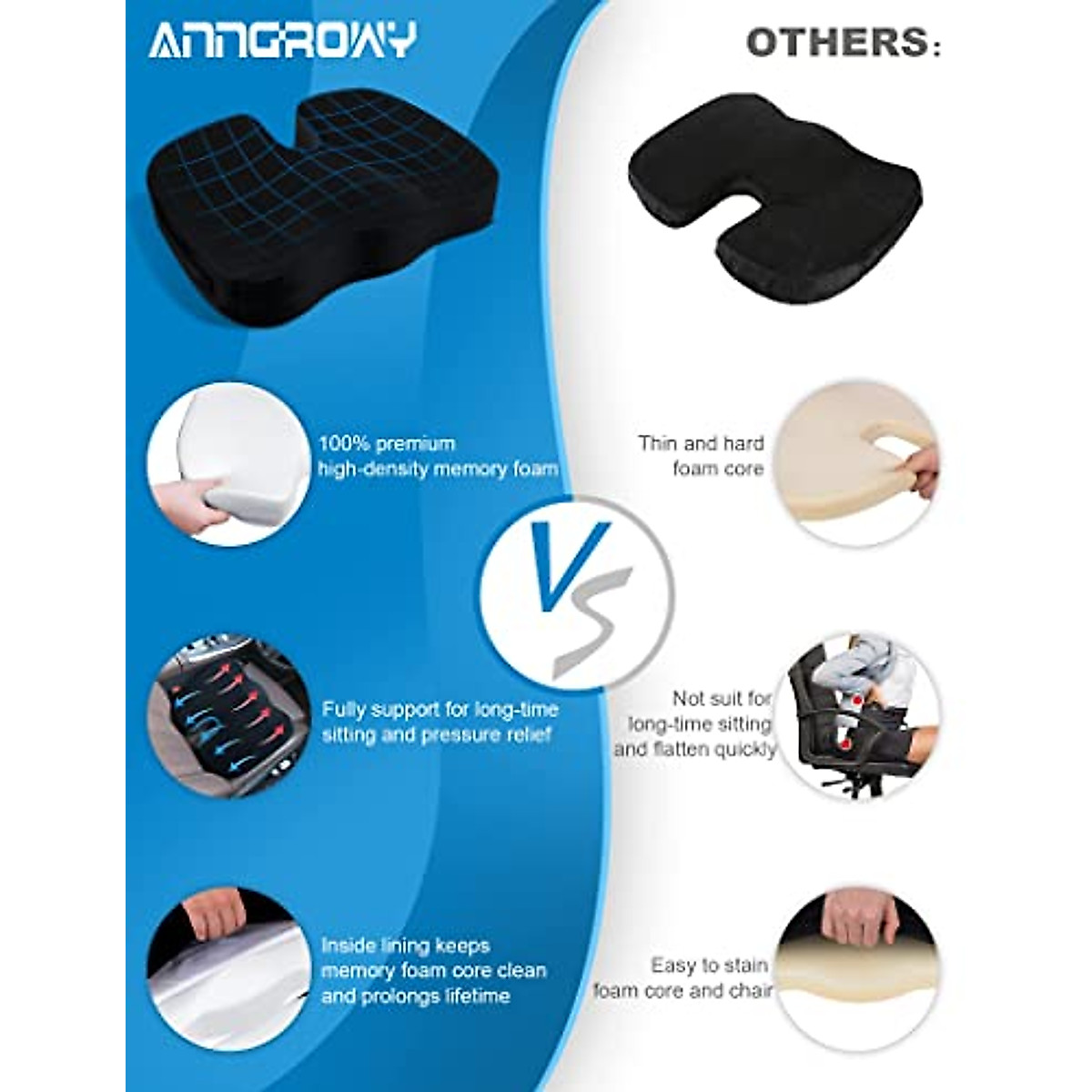 anngrowy Seat Cushion Office Chair Cushion Car Seat Cushion for Back Tailbone Pain Relief Wheelchair Cushions Butt Pillow Cushion Memory Foam Coccyx Cushion for Computer Office Chair Car Seat Driver