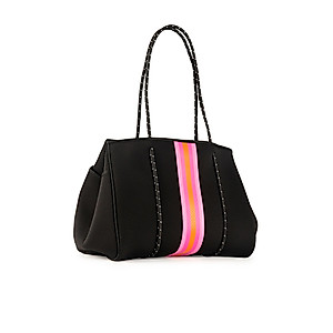 Haute Shore - Greyson Rave Neoprene Tote Bag w/Zipper Wristlet Inside, Black W/Hot Pink Orange