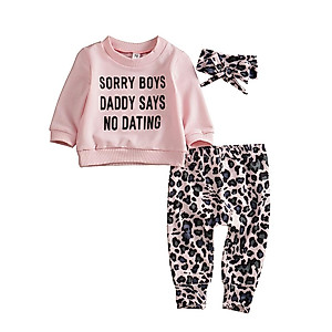 Newborn Baby Girls Clothes Daddy Saying Top Printed T-Shirt Leopard Pants+Headband Sweatshirt Outfit Set (A-Daddy Says, 0-6 Months)